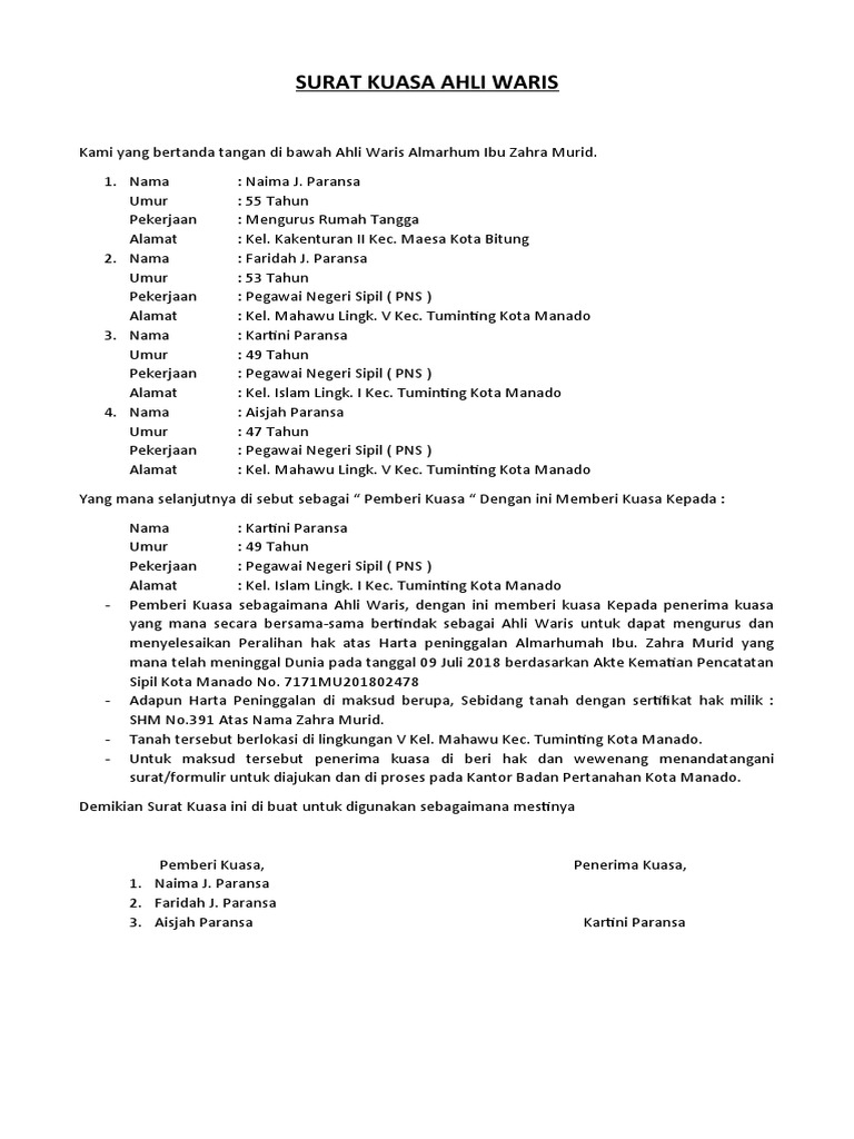Surat Kuasa Ahli Waris | PDF