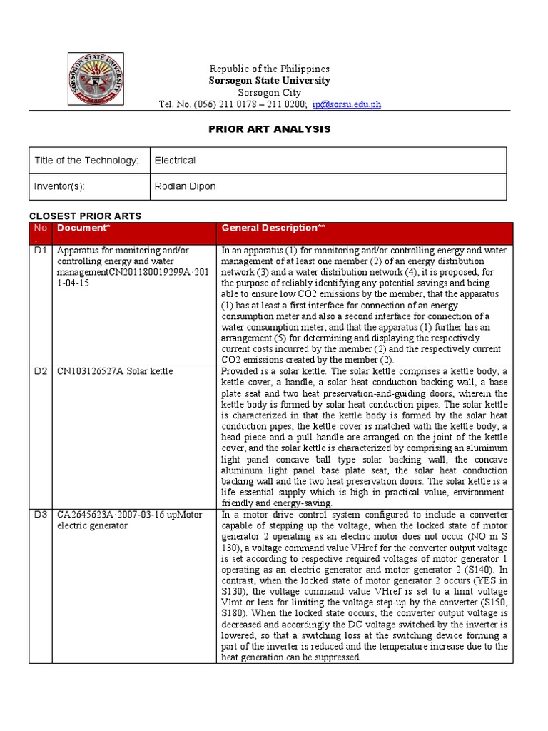 Template 2 Prior Art Analysis Form | PDF | Electric Motor | Power Inverter
