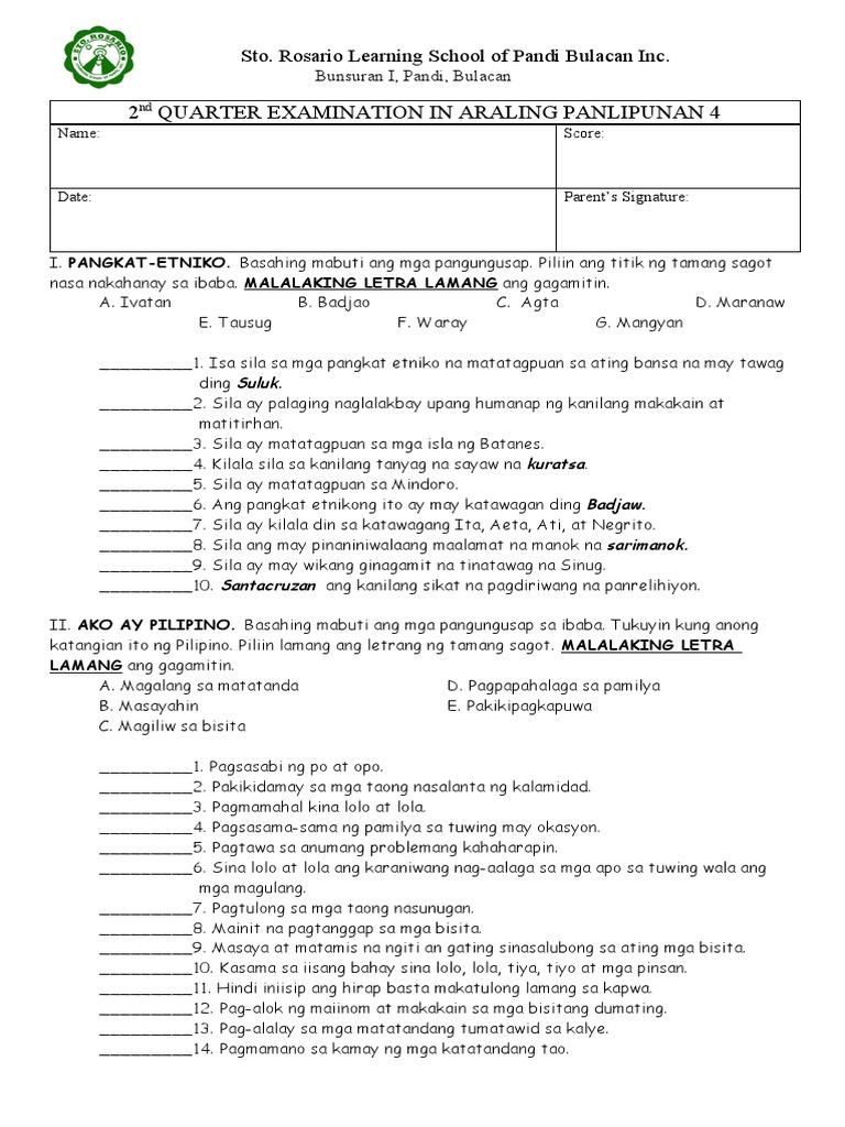 Second Quarter in Examination AP 4 | PDF