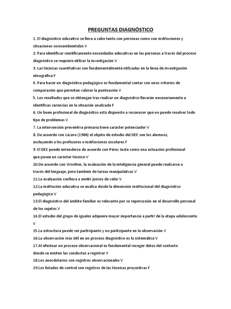 Preguntas Diagnóstico Sin Responder | PDF | Comportamiento | Validez (Estadísticas)