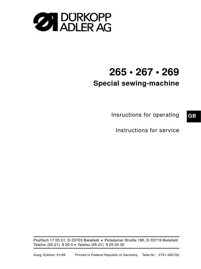 Durkopp Adler Manuel - 265 | PDF | Sewing | Sewing Machine