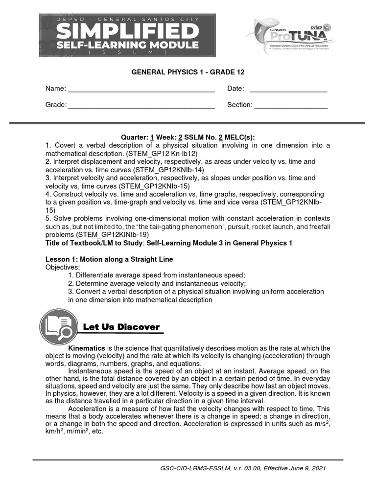 General Physics 1 - Quarter 1 - Week 2 SSLM | PDF | Velocity | Acceleration