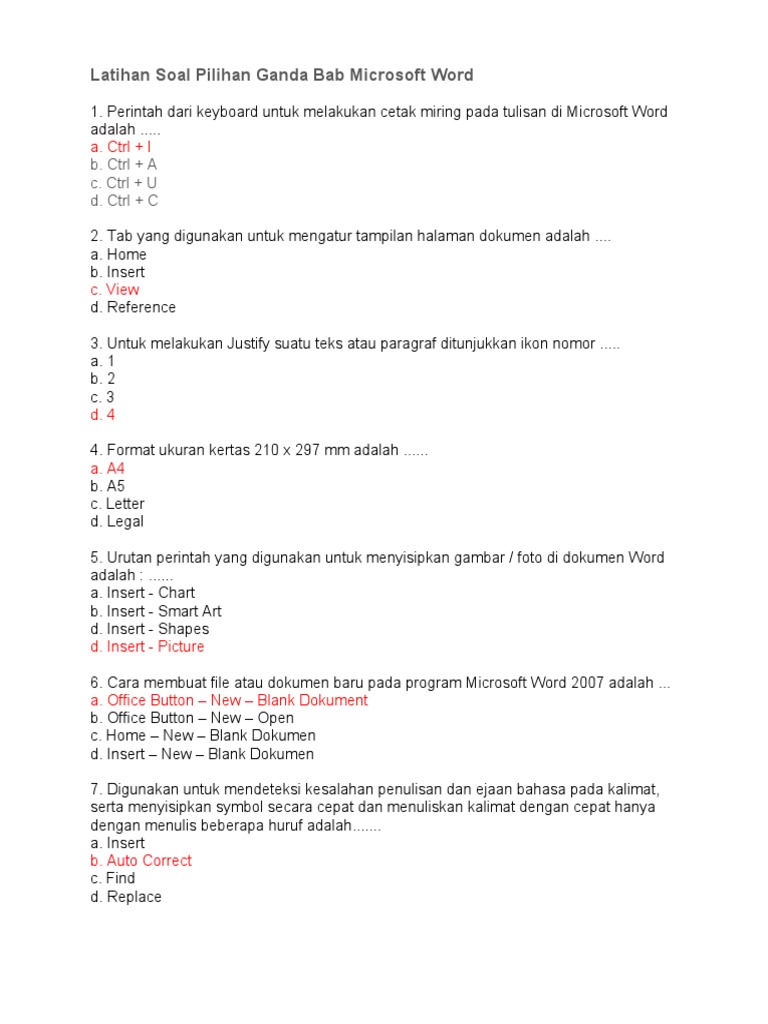 Latihan Soal Pilihan Ganda Bab Microsoft Word | PDF | Komputer