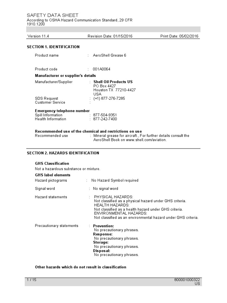 AeroShell Grease 6 Safety Data Sheet | PDF | Personal Protective ...
