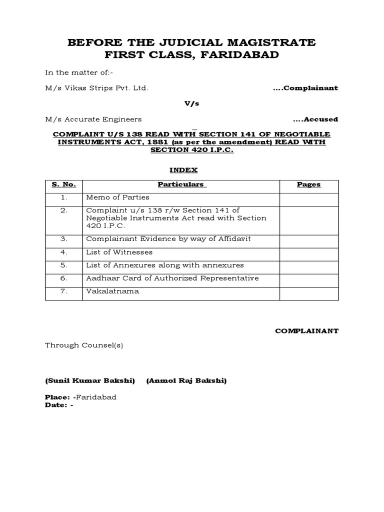Complaint Under Negotiable Instruments Act | PDF | Cheque | Banks