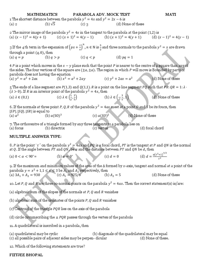 Parabola Full Mock Test | PDF