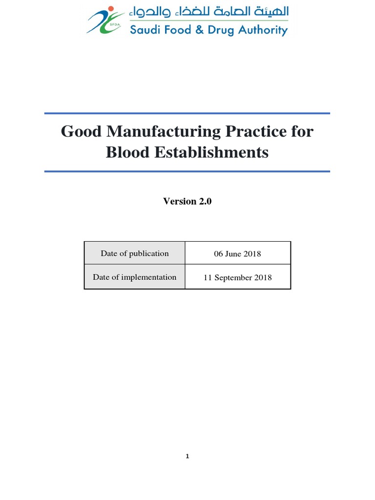11 09 2018 Saudi FDA SFDA Good Manufacturing Practice GMP Blood Establishments Including Blood ...