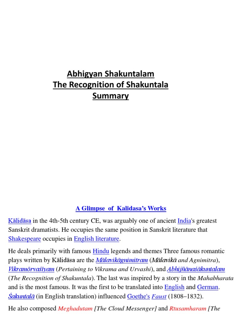 The Recognition of Shakuntala: A Summary of Kalidasa's ...