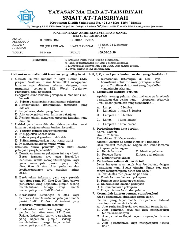 Soal PAS Ganjil B. Indonesia Kelas XII | PDF