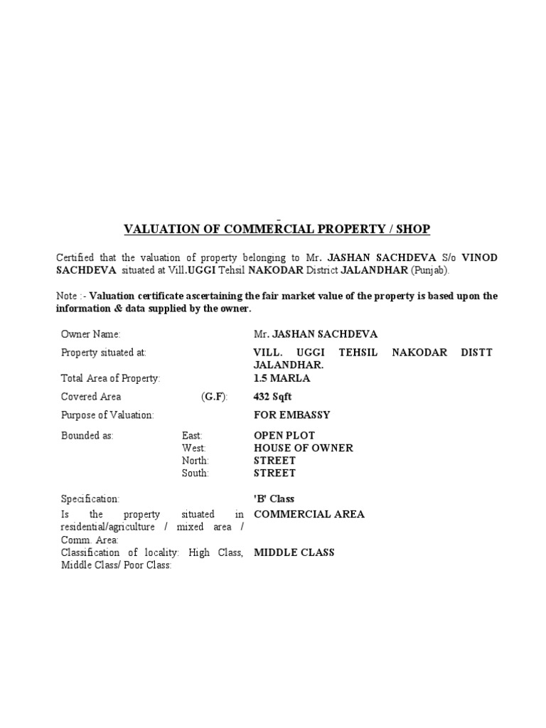 Commercial Property Valuation Certificate | PDF