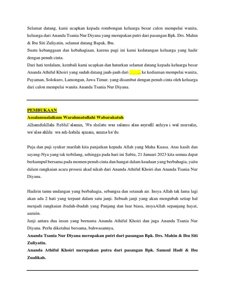 Narasi Akad Nikah Mbak Tsania Nur Diyana | PDF | Hukum