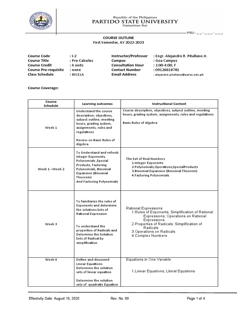 BSCE Course Outline - PreCalculus | PDF | Trigonometric Functions ...