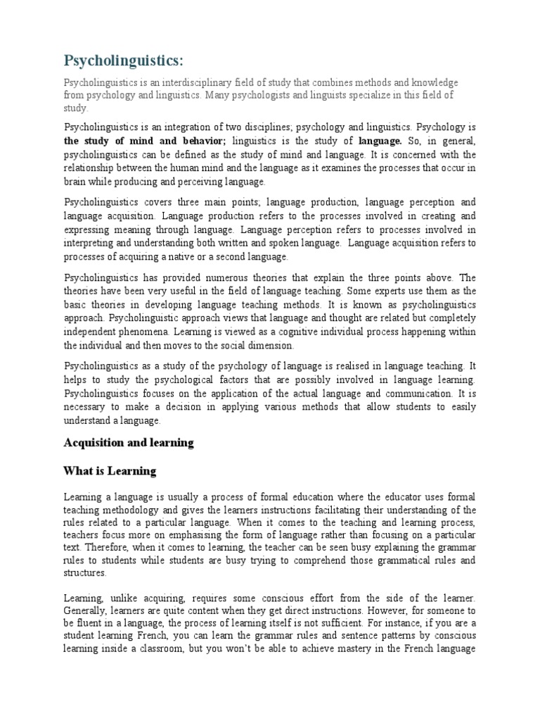 Psycholinguistics Notes Pdf Second Language Acquisition Psycholinguistics