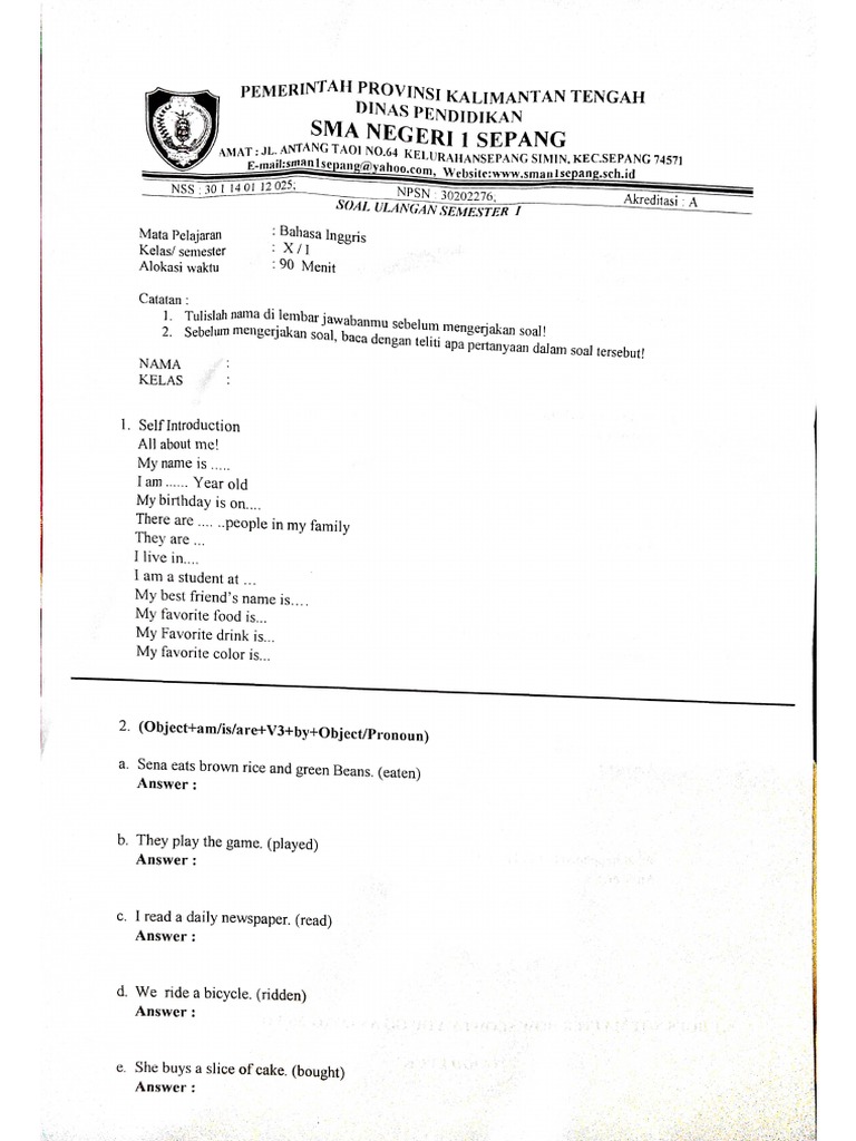 Soal Remedial Bahasa Inggris (Kelas X) | PDF