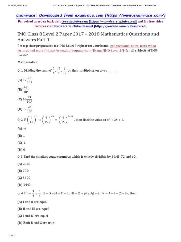 IMO Class 8 Level 2 Paper 2017 2018 Part 1 | PDF | Mathematics | Arithmetic