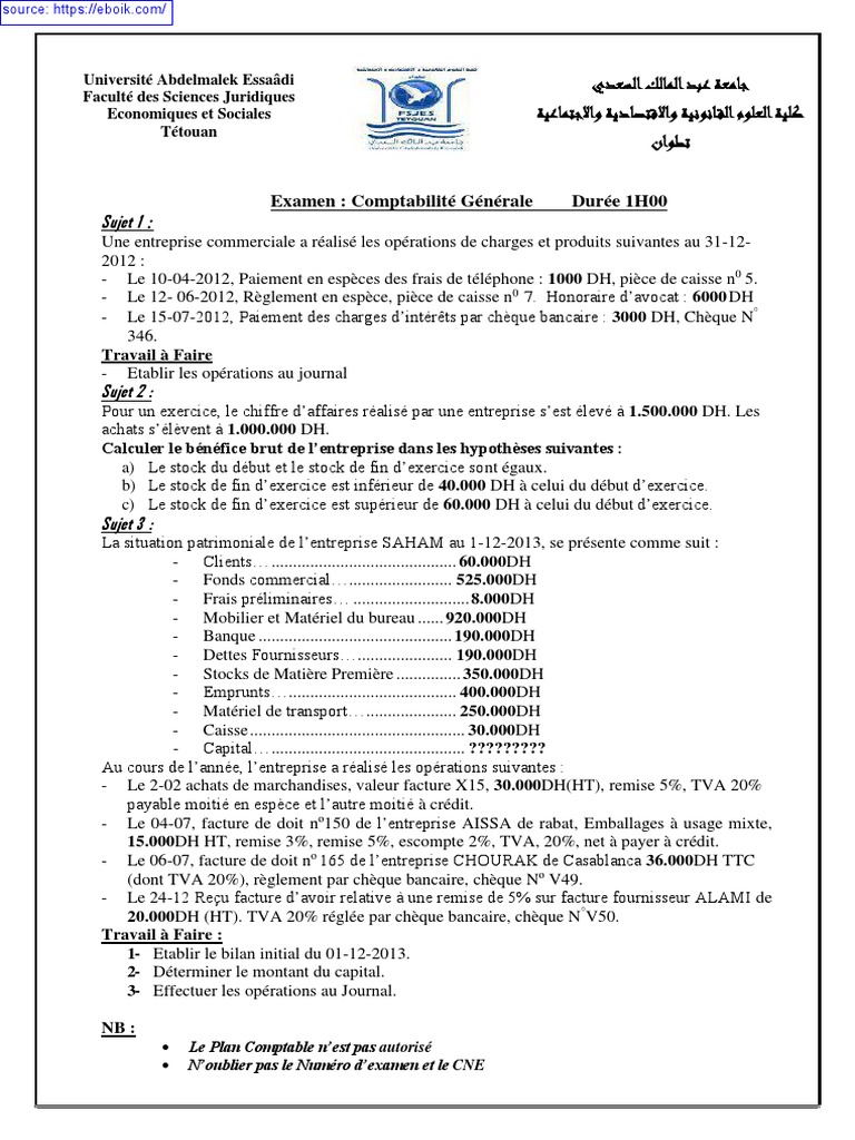 Examen Comptabilite Generale7 | PDF | Comptabilité financière | Facture