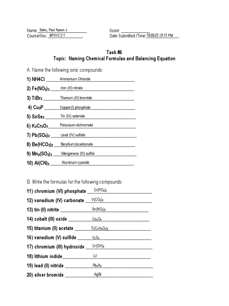 Task #6 - Naming Chemical Formulas and Balancing Equation | PDF ...
