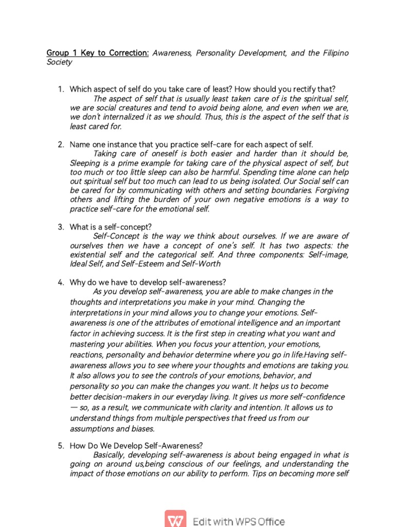 Group 1 Key To Correction | PDF | Self Awareness | Self Esteem