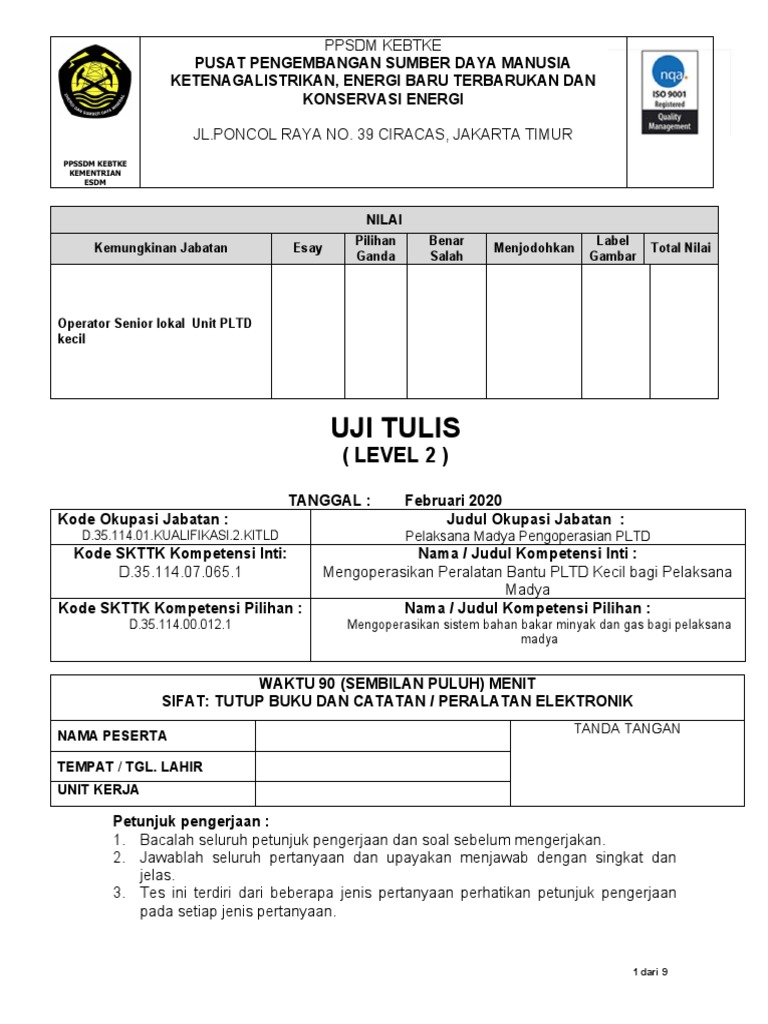 Soal Pengoperasian PLTD Lev 2 | PDF