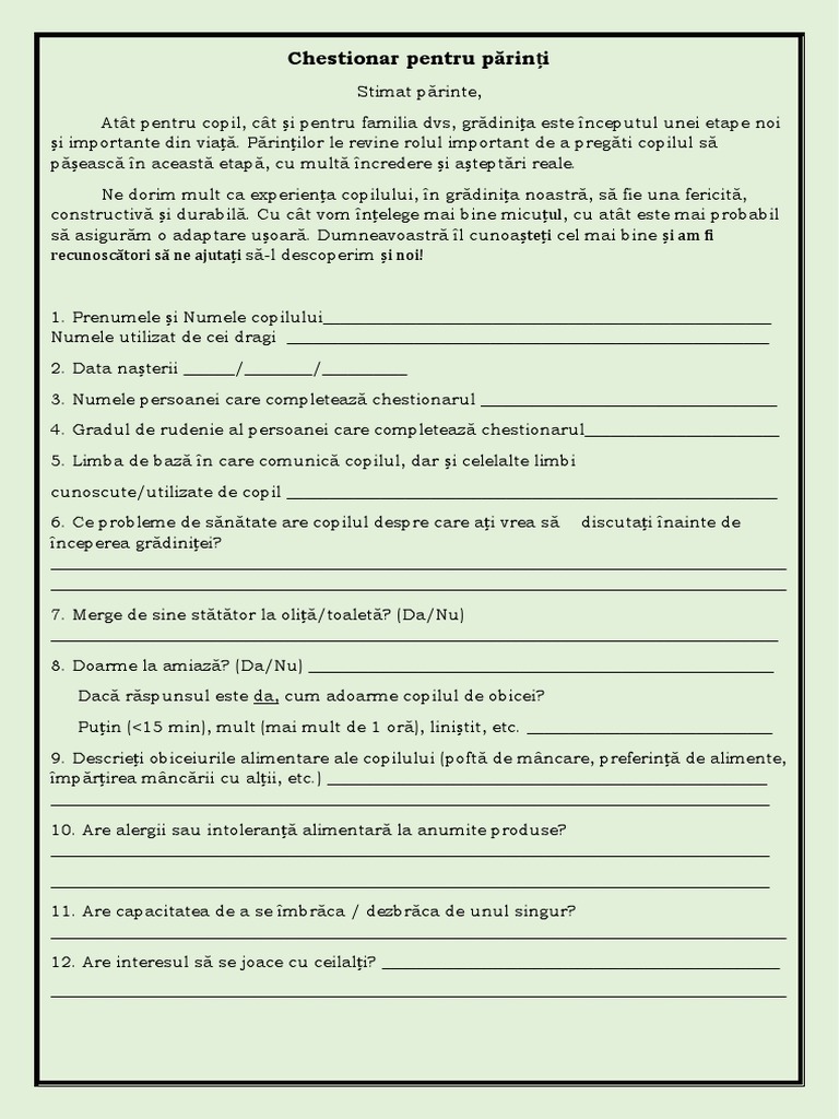 Chestionar Pentru Parinti | PDF
