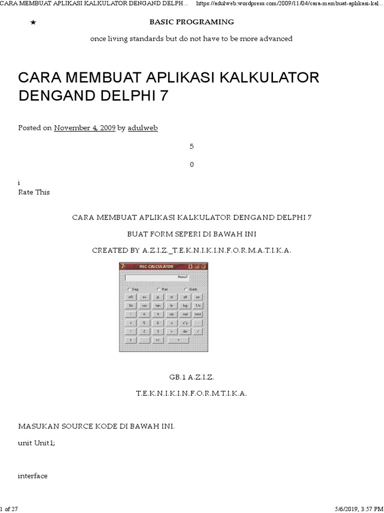 CARA MEMBUAT APLIKASI KALKULATOR DENGAND DELPHI 7 - Basic Programing ...