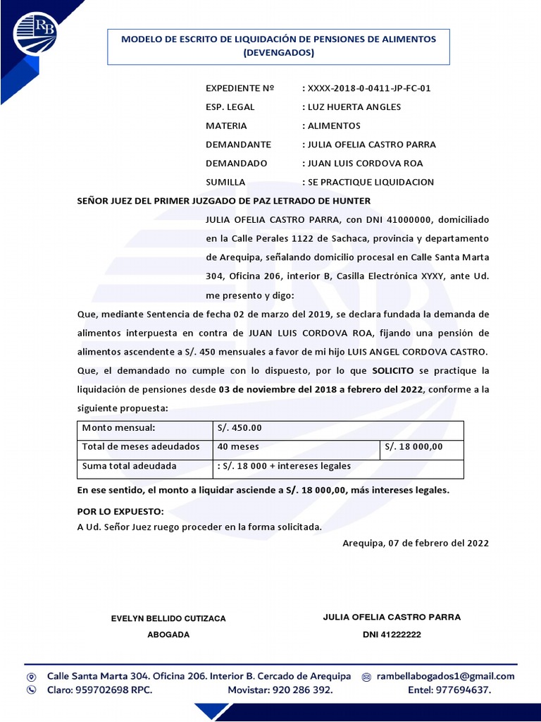 Modelo de Escrito Solicitando Liquidacion de Pensiones Devengadas de Aliemntos | PDF