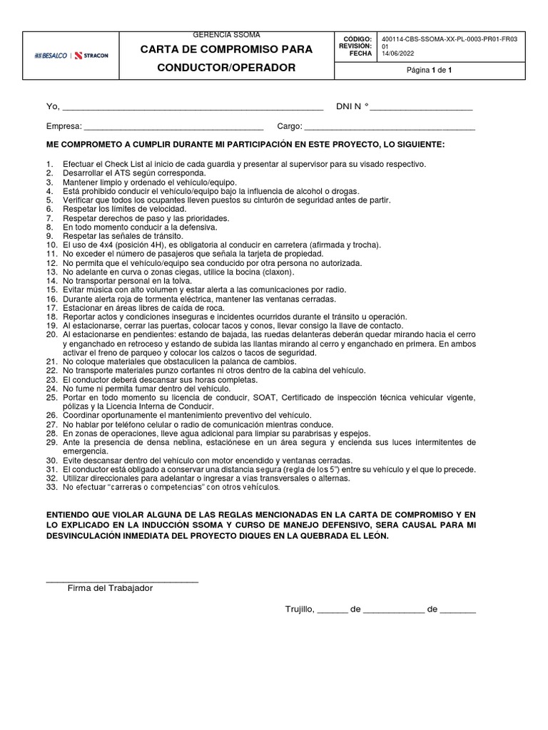 Carta de Compromiso para Conductor | PDF | Transporte | Vehículos