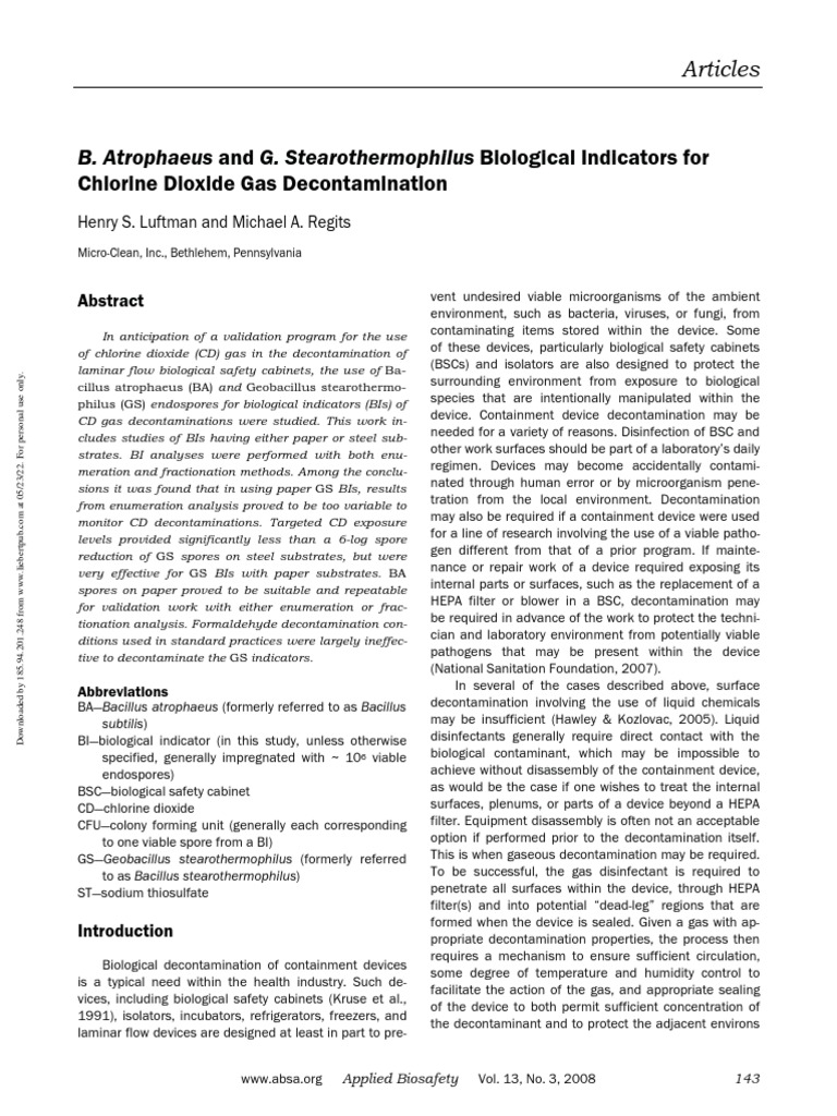 B. Atrophaeus and G. Stearothermophilus Biological Indicators - B ...