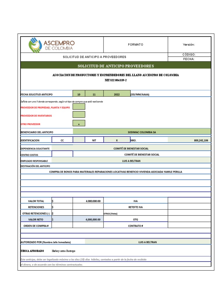 Formato Solicitud Anticipo Proveedores | PDF