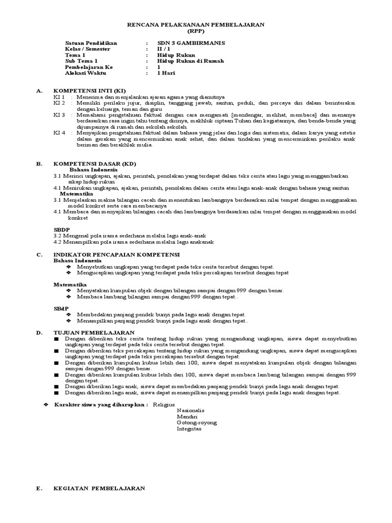 RPP SD Kelas 2 Tema 1 | PDF | Seni & Disiplin Bahasa