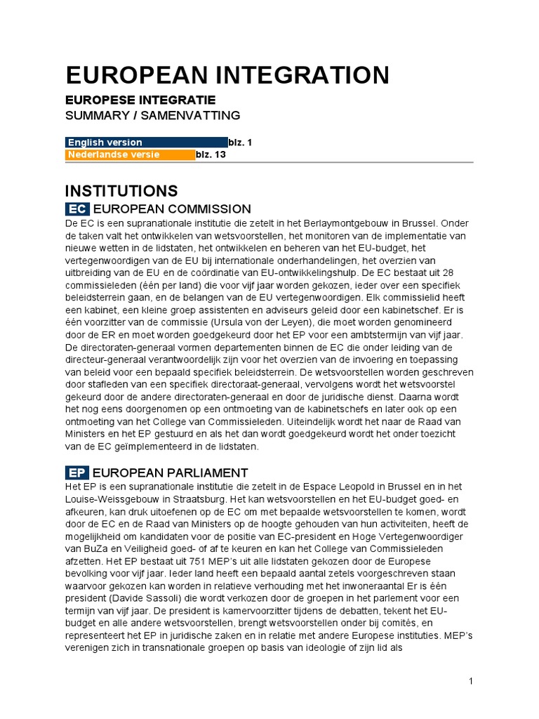 Europese Integratie (Samenvatting) | PDF