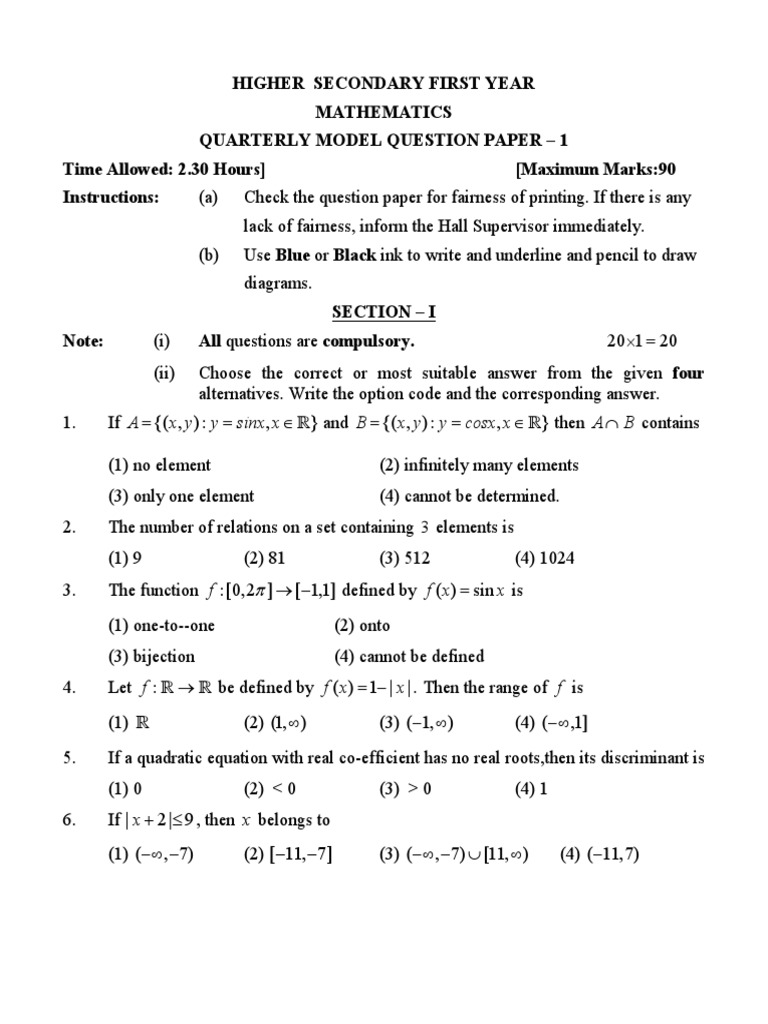 Higher Secondary Math Model Paper | PDF | Mathematical Analysis ...