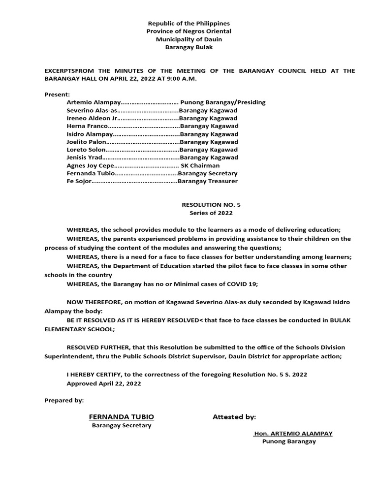 Barangay Resolution | PDF