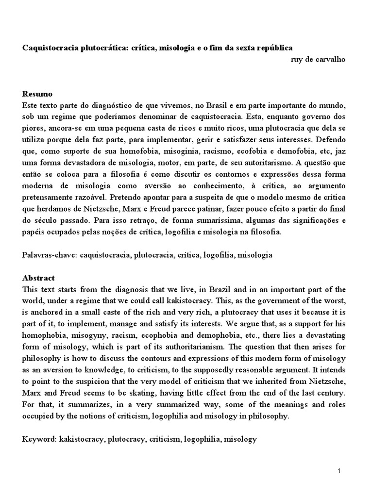 Crítica da Caqistocracia Plutocrática | PDF