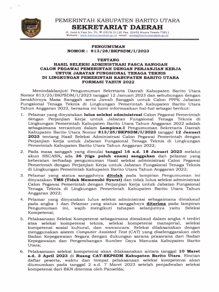 Hasil Seleksi Administrasi Pasca Sanggah Calon Pegawai Perjanjian Pemerintah Dengan Perjanjian ...
