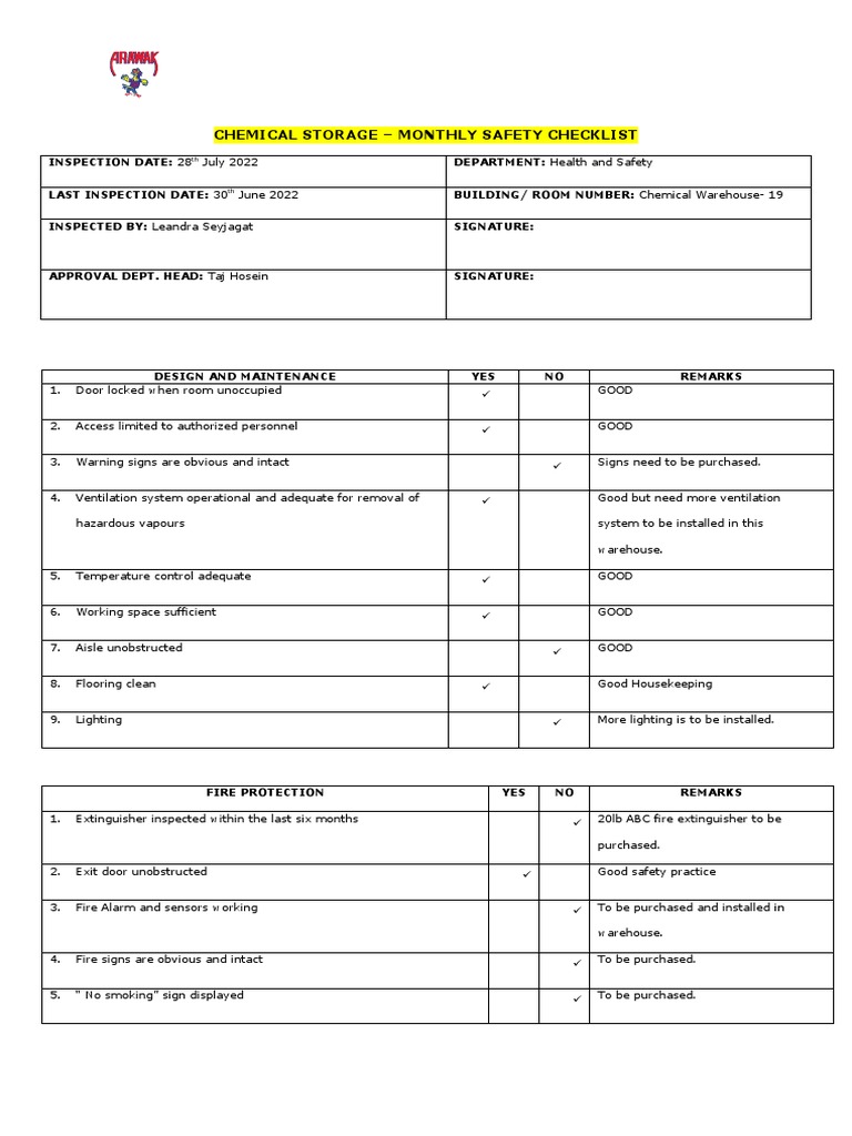 Chemical Storage Monthly Checklist 2022 | PDF | Personal Protective ...