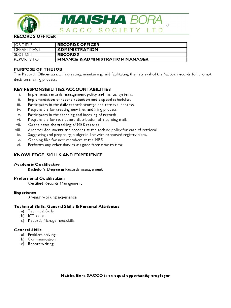 Job Description For Records Officer | PDF