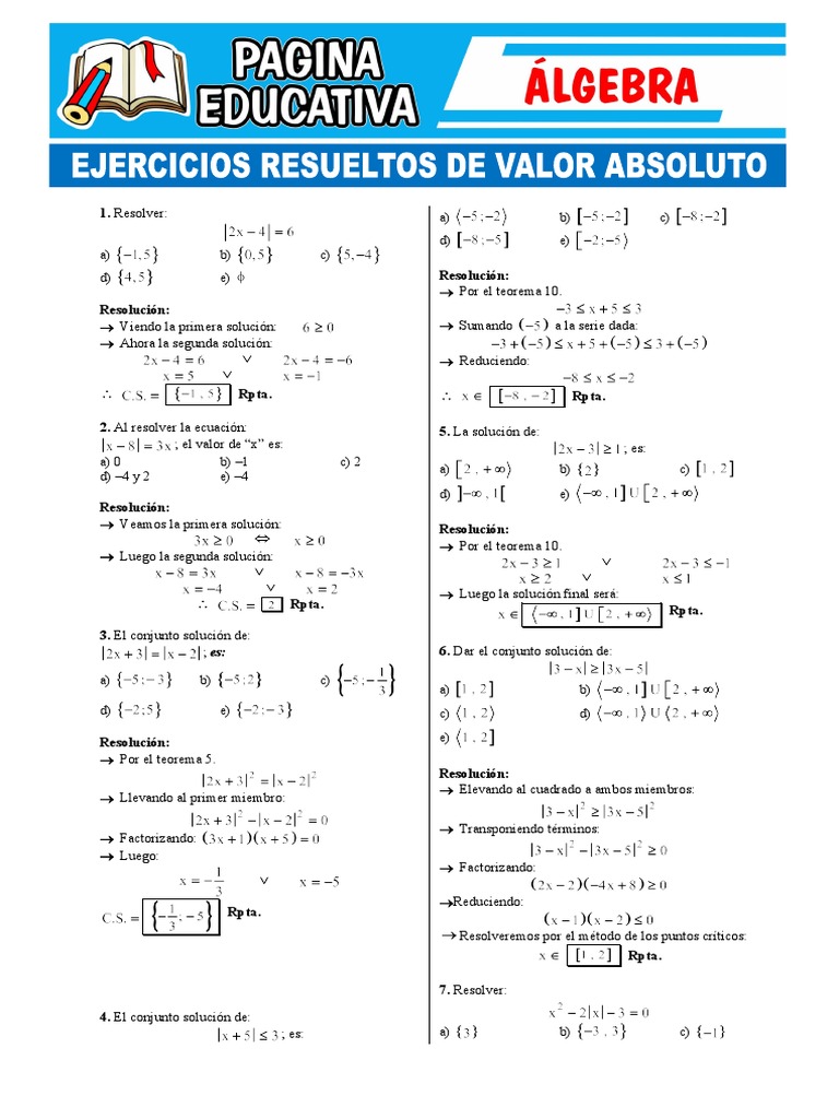 Ejercicios Resueltos Valor Absoluto | PDF | Ecuaciones | Matemáticas