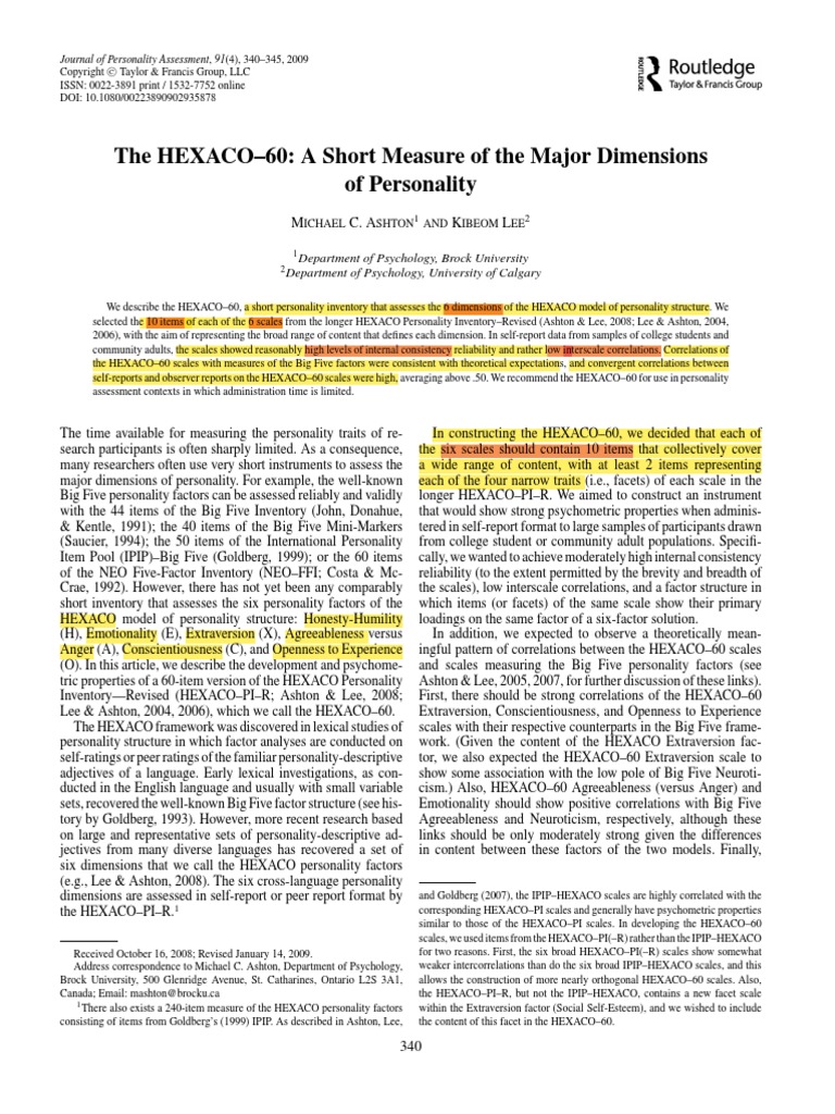 Ashton Lee 2009 HEXACO | PDF | Dark Triad | Personality Traits