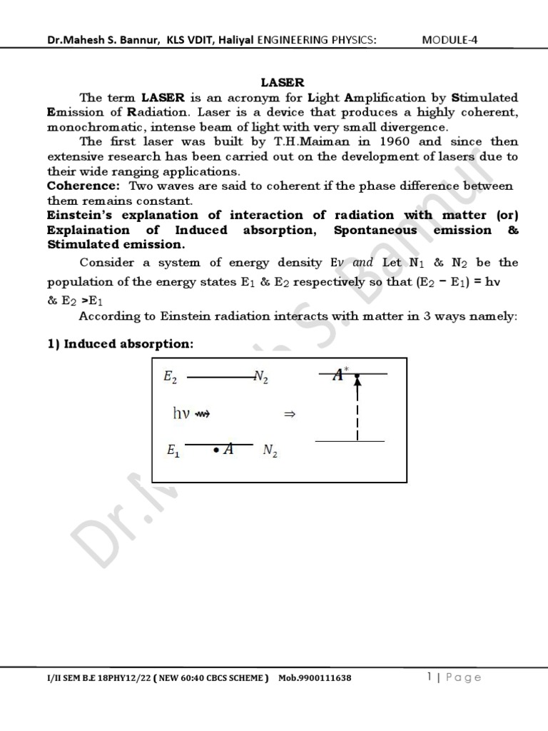 Lasers Notes-By Dr. Mahesh S Bannur VDIT Haliyal | PDF | Laser ...