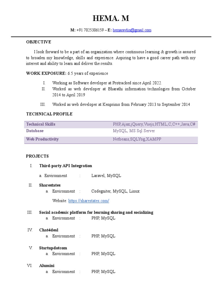 Hema. M: Objective | PDF | My Sql | World Wide Web