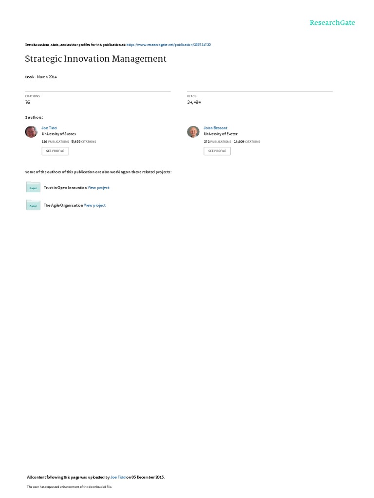 Strategic Innovation Management - Tidd, Bessant 2014 | PDF | Entrepreneurship | Innovation