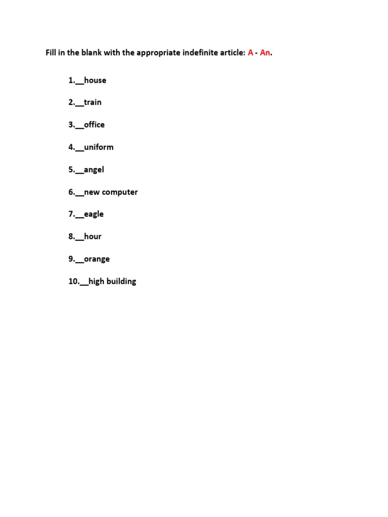 Indefinite Article Exercises | PDF