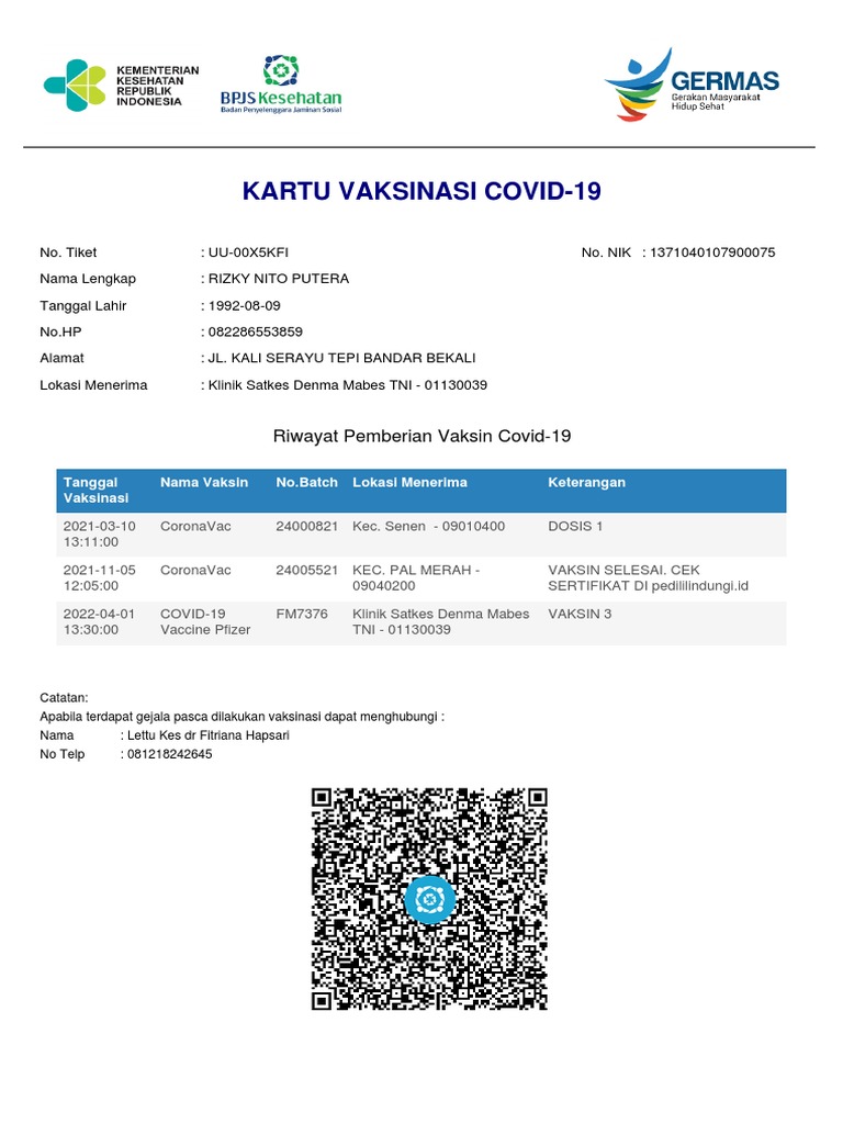 Kartu Vaksinasi Covid-19: Riwayat Pemberian Vaksin Covid-19 | PDF
