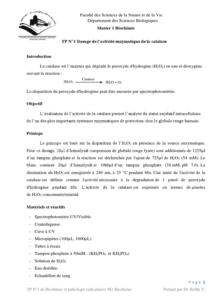 TP N°1 BPR Master 1 Dosage de La Catalase | PDF