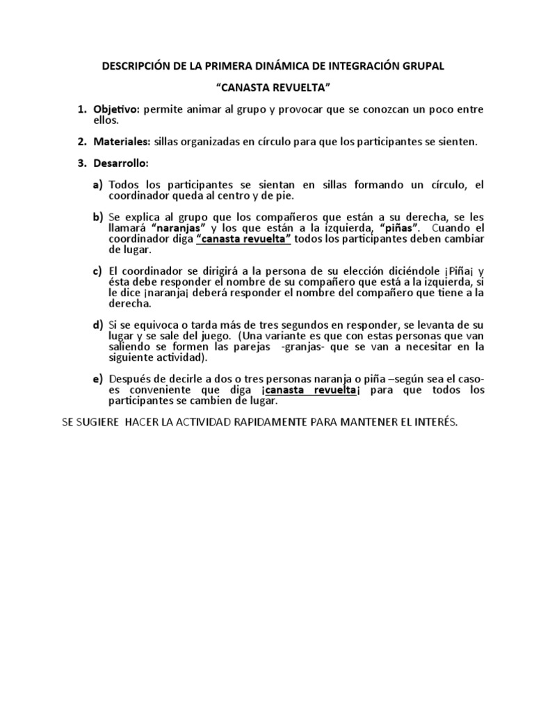 Dinámica de Integración: Canasta Revuelta | PDF | Deportes y ...