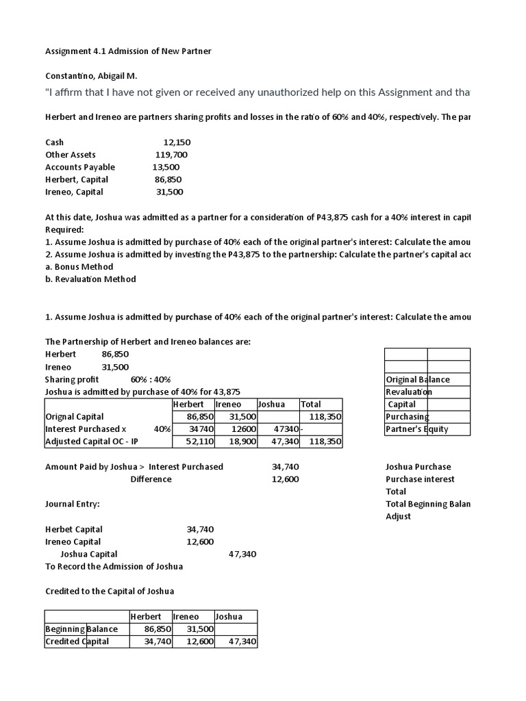 Assignment 4.1 Admission of New Partner | PDF | Equity (Finance) | Interest