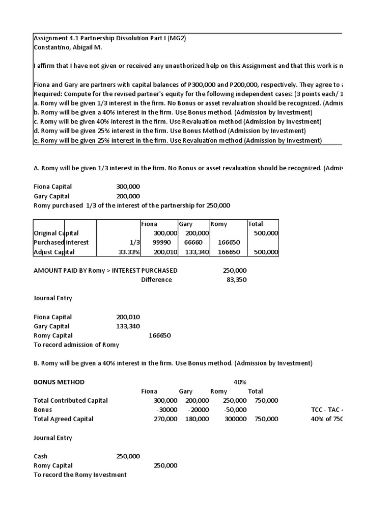 Assignment 4.1 Partnership Dissolution Part I (MG2) | PDF | Financial Accounting | Balance Sheet