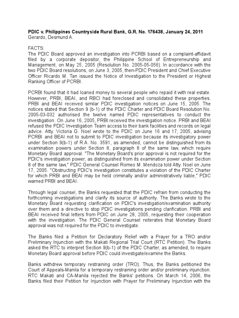 PDIC v. Philippines Countryside Rural Bank, G.R. No. 176438, January 24, 2011 Case Digest | PDF ...