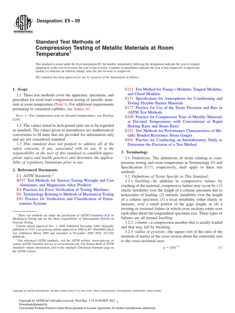 ASTM E9 Compresion | PDF | Buckling | Strength Of Materials